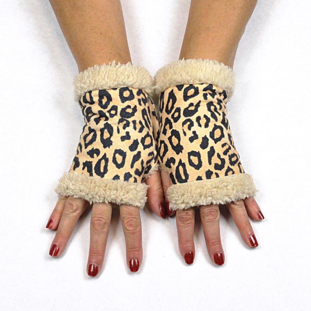 Leopard Fingerless Gloves - Cheetah Fingerless Gloves - Faux Shearling ...