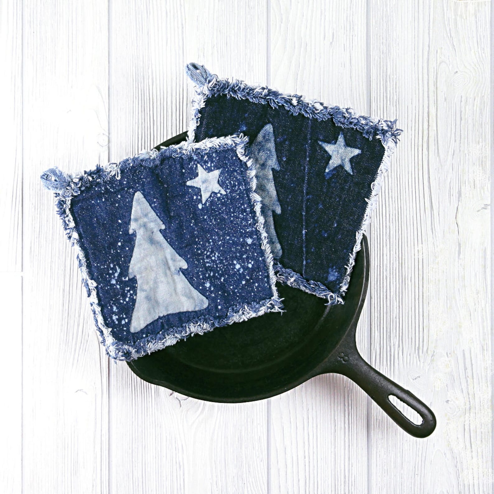 Snowy Pine Denim Potholders Blue Jean Pot Holder Boho Chic Denim Hot ...