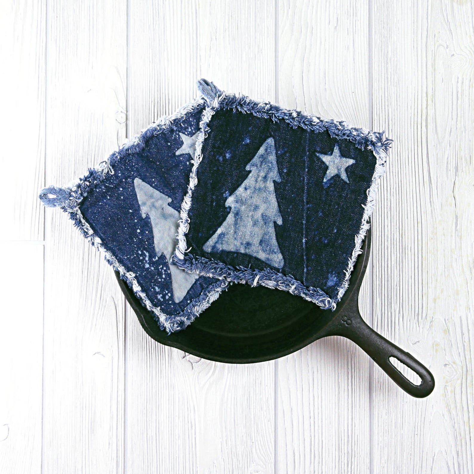 Snowy Pine Denim Potholders Blue Jean Pot Holder Boho Chic Denim Hot ...