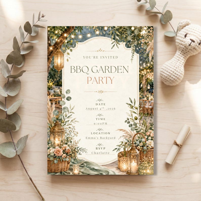 BBQ Garden Party Invitation Template, Night Floral Party Invite ...