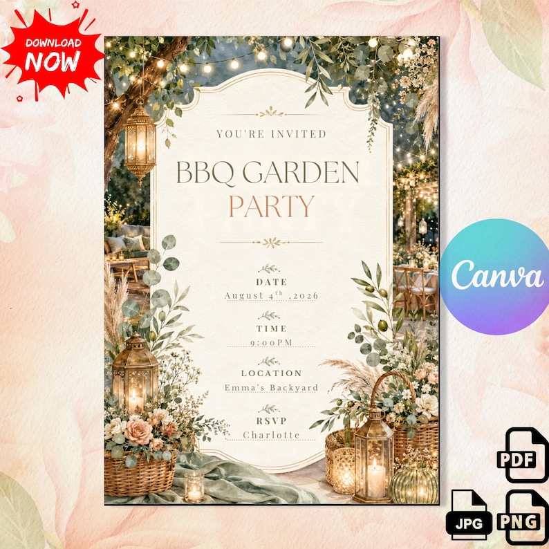 BBQ Garden Party Invitation Template, Night Floral Party Invite ...