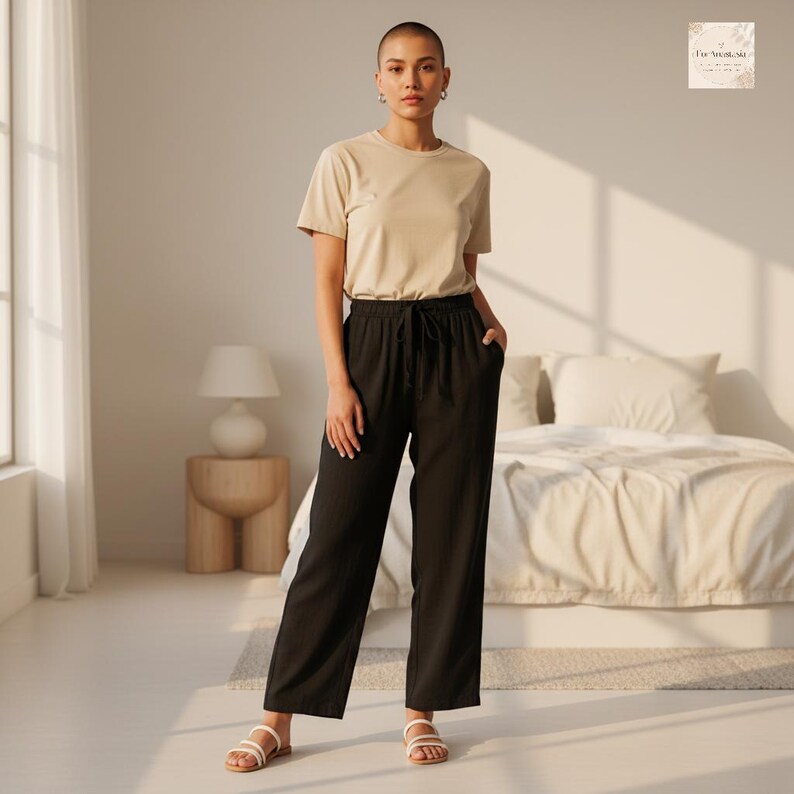 Women Loose Casual Pants Elastic Waist Tie Straight Leg Trousers Summer ...