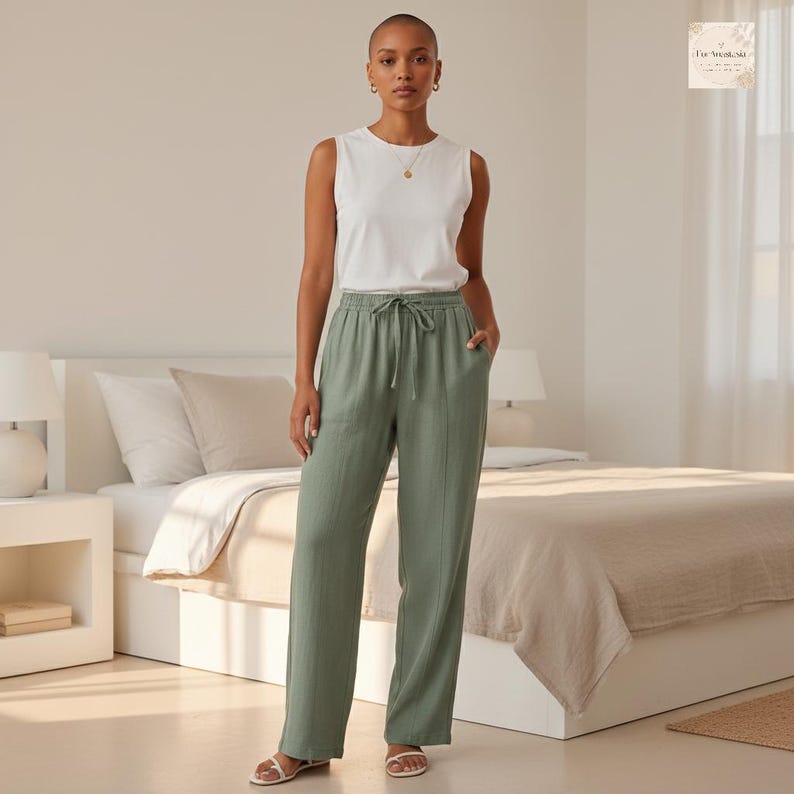 Women Loose Casual Pants Elastic Waist Tie Straight Leg Trousers Summer ...