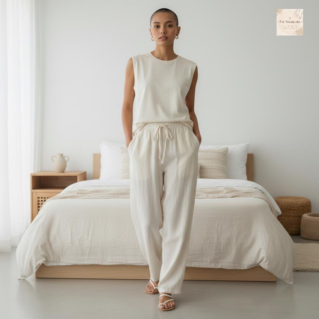 Women Loose Casual Pants Elastic Waist Tie Straight Leg Trousers Summer ...