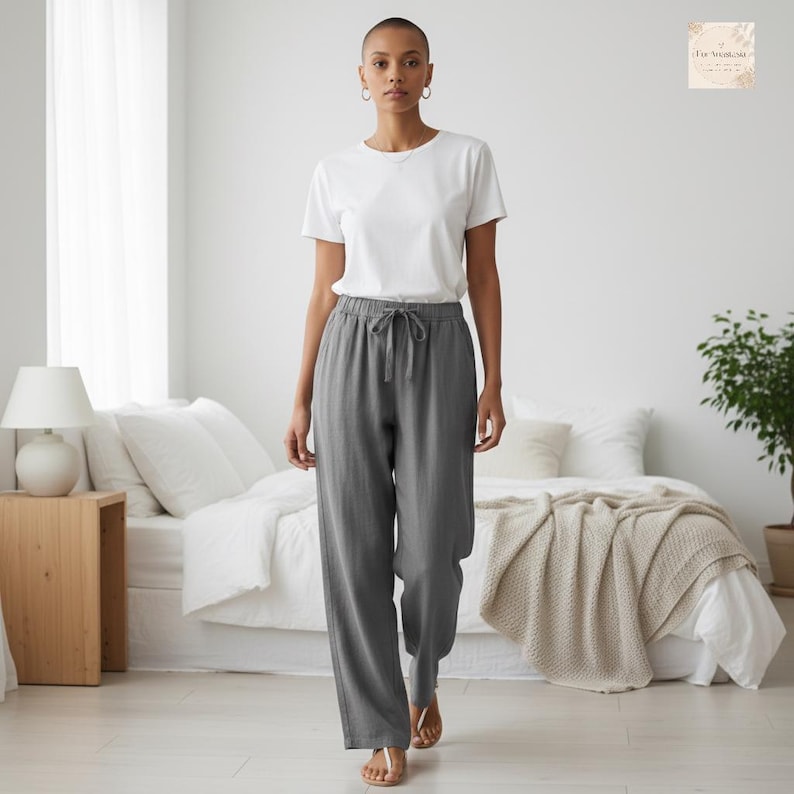 Women Loose Casual Pants Elastic Waist Tie Straight Leg Trousers Summer ...