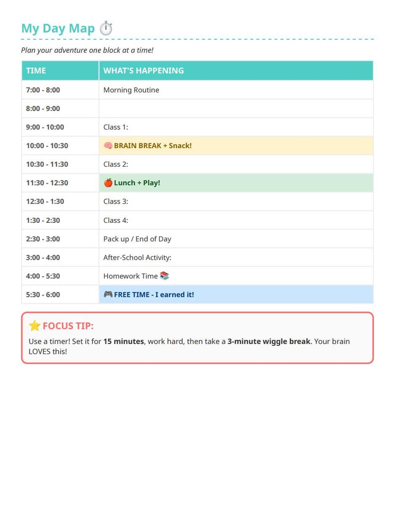ADHD Student Planner Printable | Daily Schedule, Homework Tracker ...