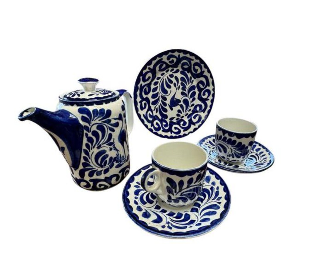 Vintage 6 Piece Hand Painted Anfora Puebla Cobalt Blue on White ...
