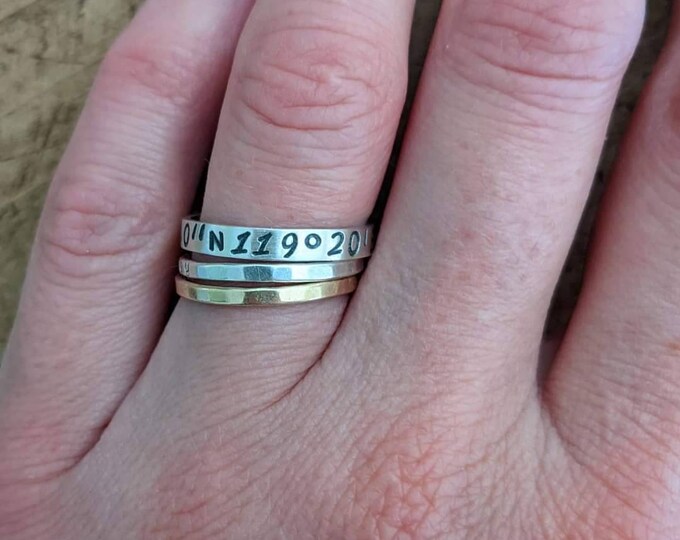 Skinny Latitude Longitude Ring in Sterling Silver, Location Ring, Ring ...