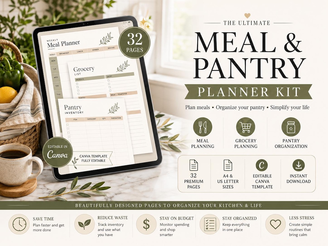 Meal & Pantry Planner Kit, Grocery List, Inventory Tracker (canva PDF ...