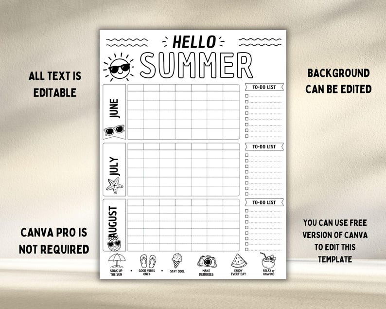 2026 Editable Summer Calendar Poster Summer Fun Bucket List Family ...