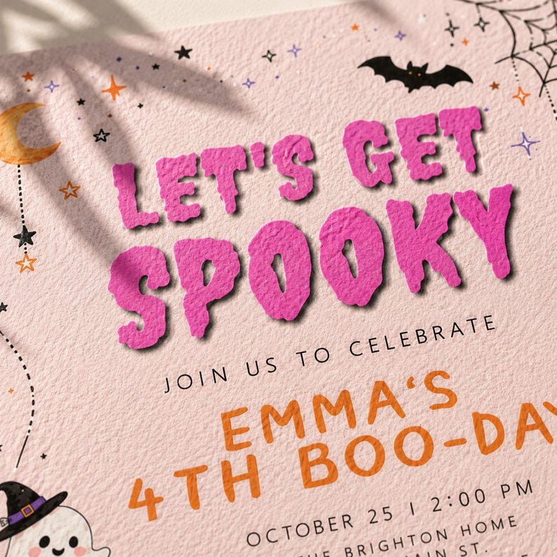Pink Halloween Birthday Invitation Template, Lets Get Spooky Invite ...