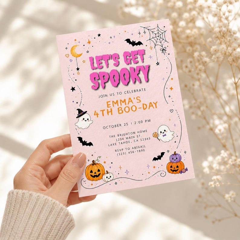 Pink Halloween Birthday Invitation Template, Lets Get Spooky Invite ...