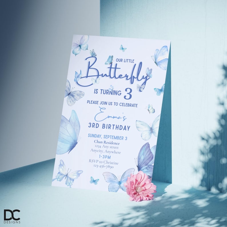 Blue Butterfly Birthday Invitation, Girls Party Invite, Any Age ...