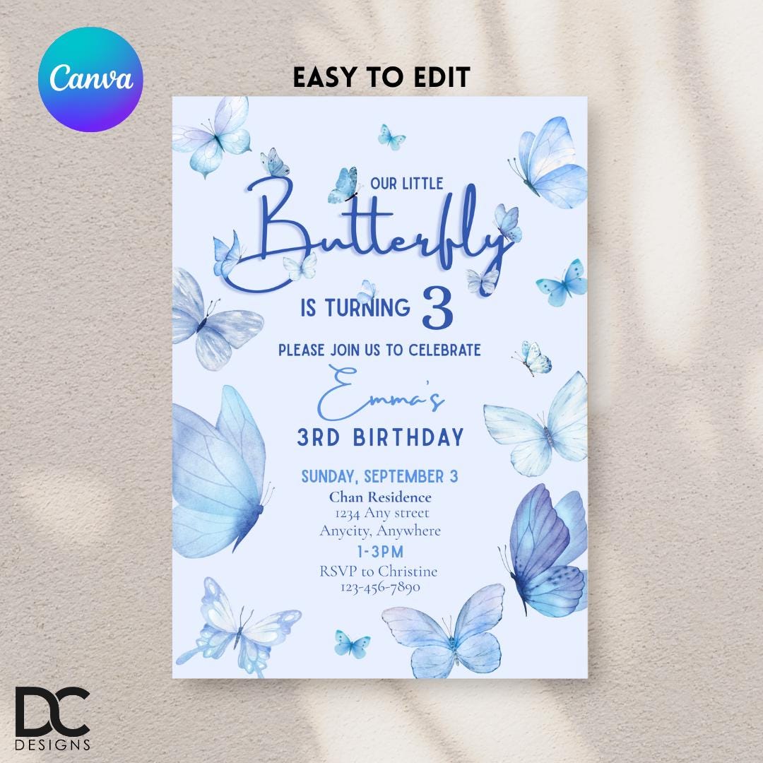Blue Butterfly Birthday Invitation, Girls Party Invite, Any Age ...