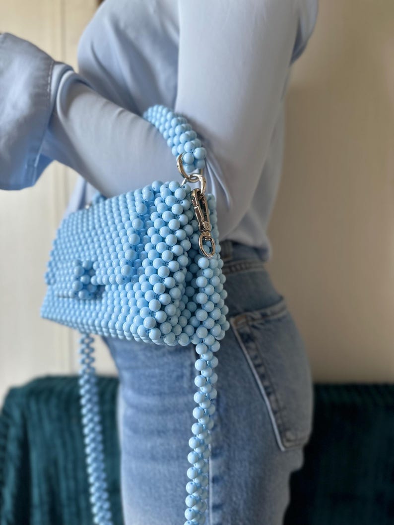 Blue Beaded Handbag: Rectangular, Handcrafted, Shoulder Strap - Etsy