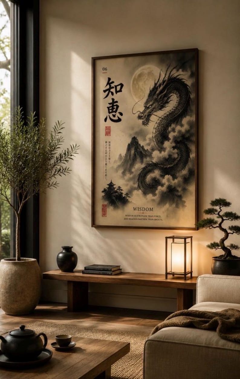 Zen Dragon Japanese Wall Art, Wisdom Philosophy Artwork Asian Mythology ...