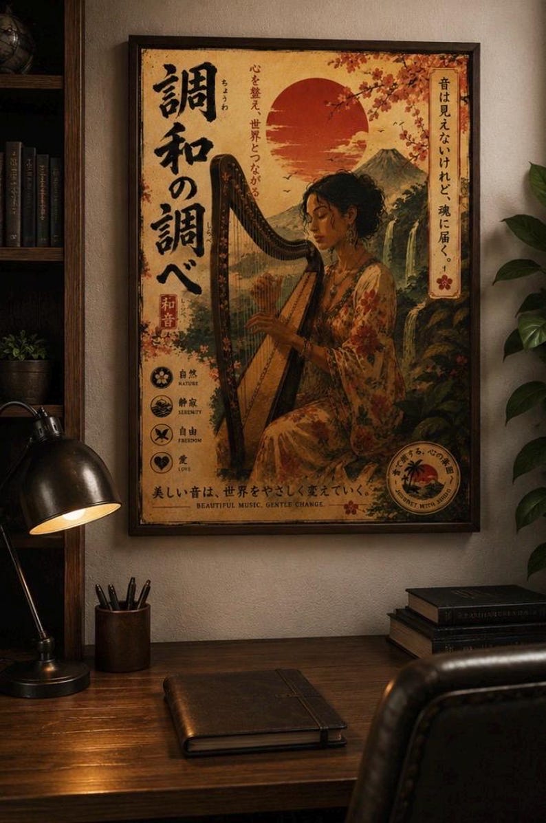 Japanese Harp Wall Art | Vintage Zen Music Poster, Cherry Blossom ...