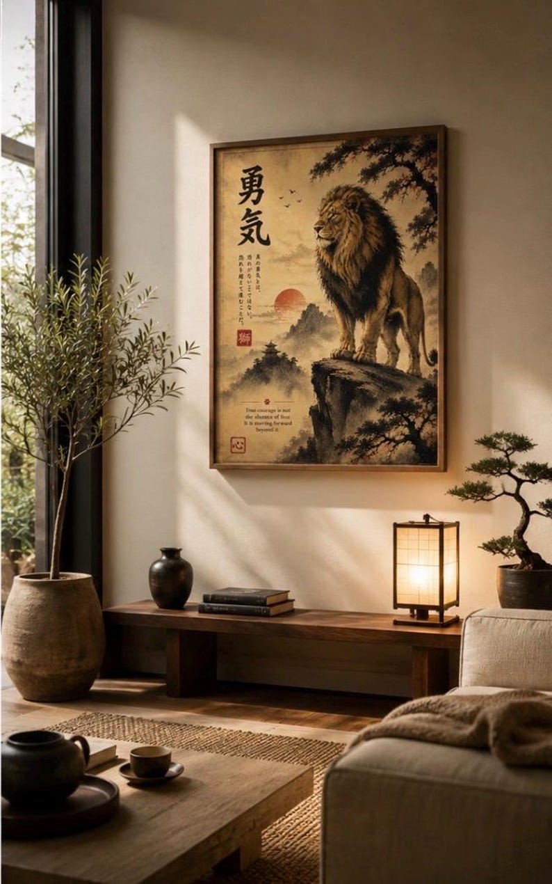 Japanese Lion Courage Print | Vintage Samurai Spirit Motivational Zen ...