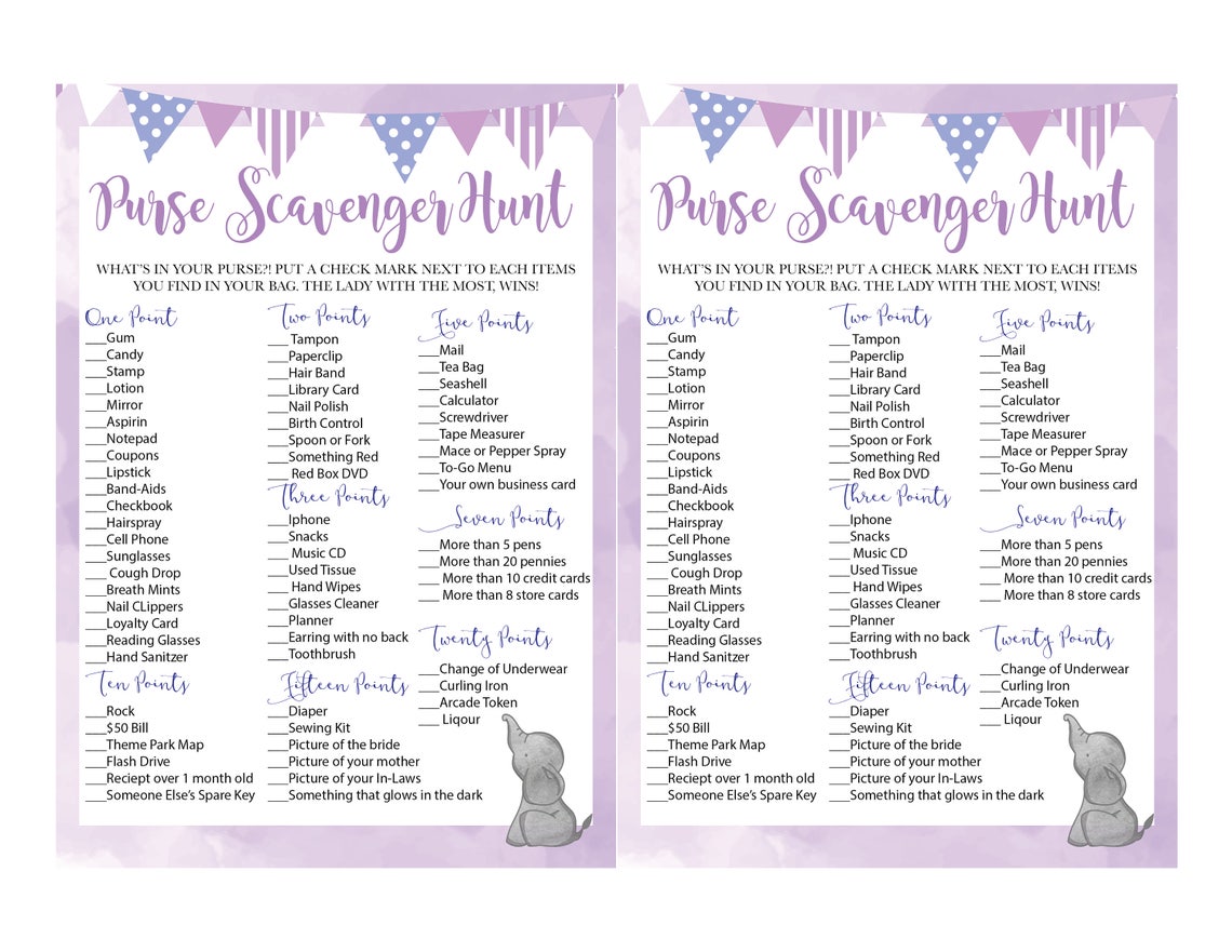 What's in Your Purse Purse Scavenger Hunt Baby or Bridal Shower ...