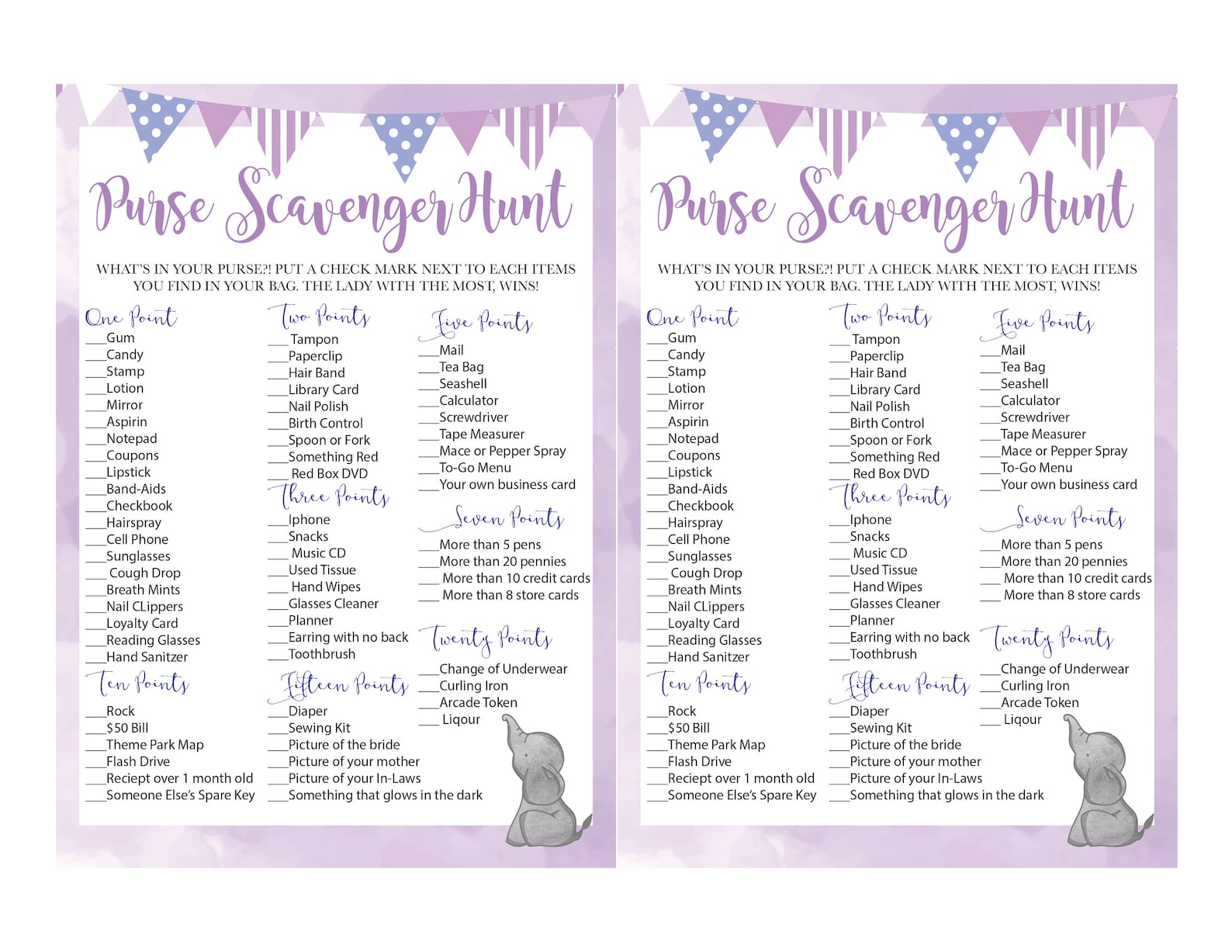 What's in Your Purse?! Purse Scavenger Hunt Baby or Bridal Shower ...