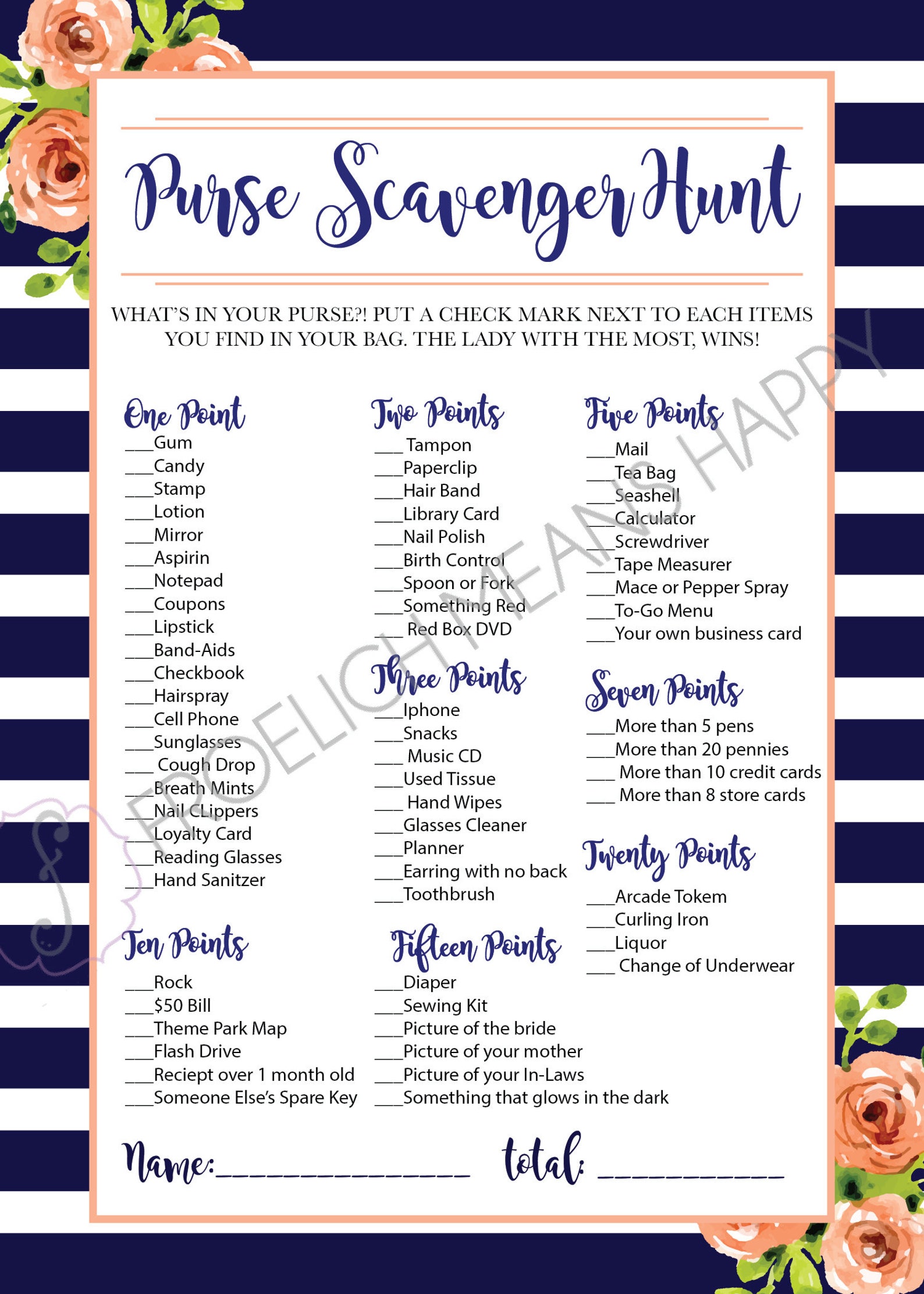What's in Your Purse?! Purse Scavenger Hunt Baby or Bridal Shower ...