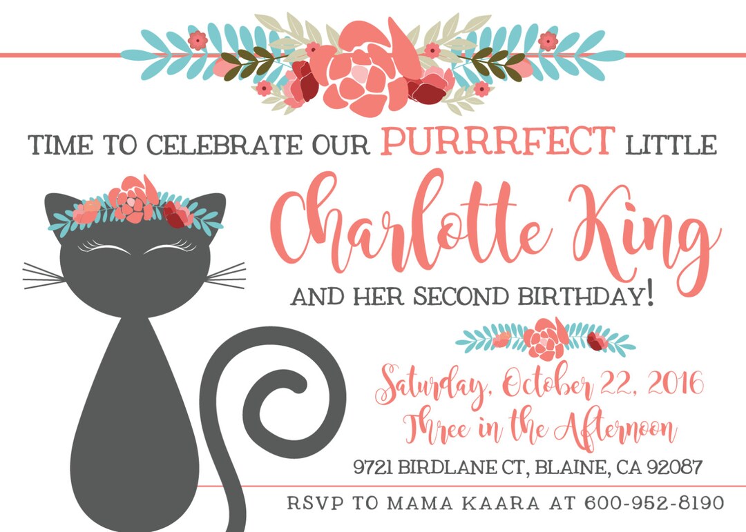Printable Kitty Cat With Floral Crown Birthday Invitation - Etsy