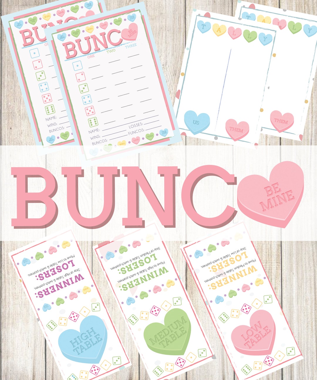 Valentines Printable Bunco, Candy Heart Printable Bunco Cards, Bunco ...