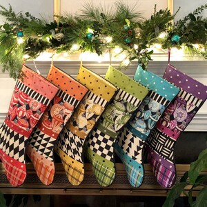 Red Christmas Stocking, Handmade Quilted, Red, Modern Colorful ...