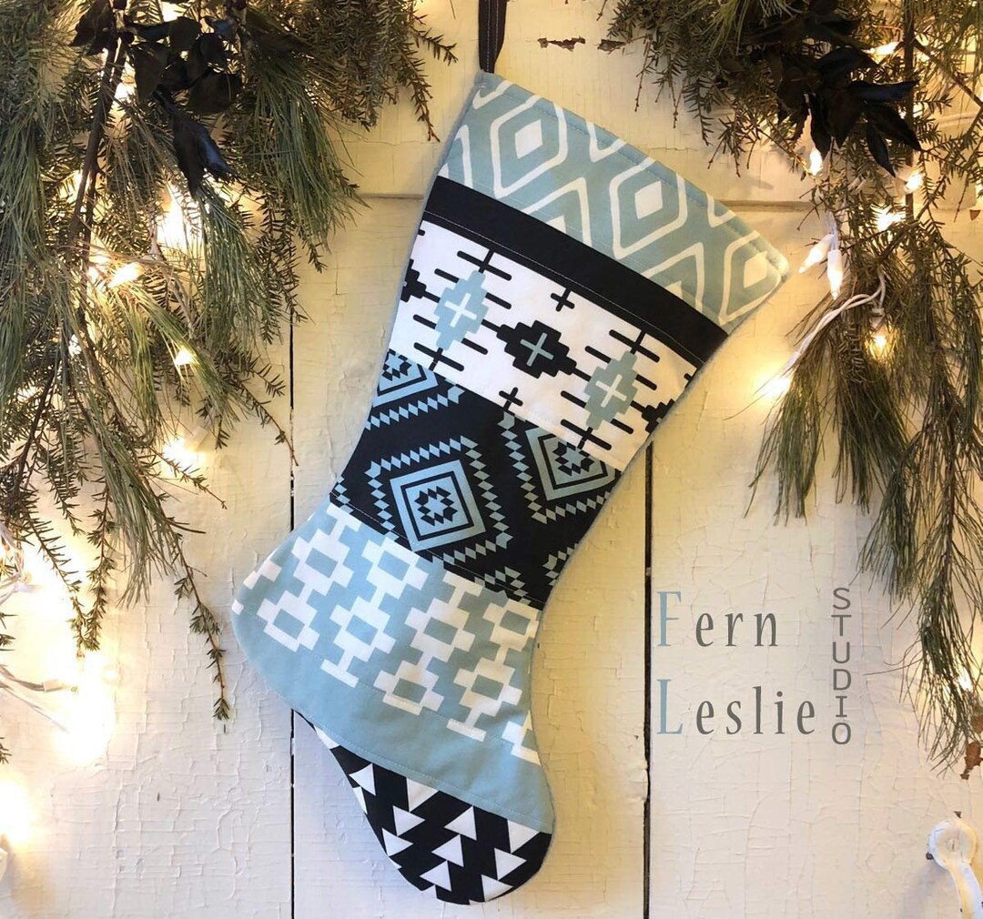 Light Blue Aztec Christmas Stocking, Quilted Southwestern Holiday Decor ...