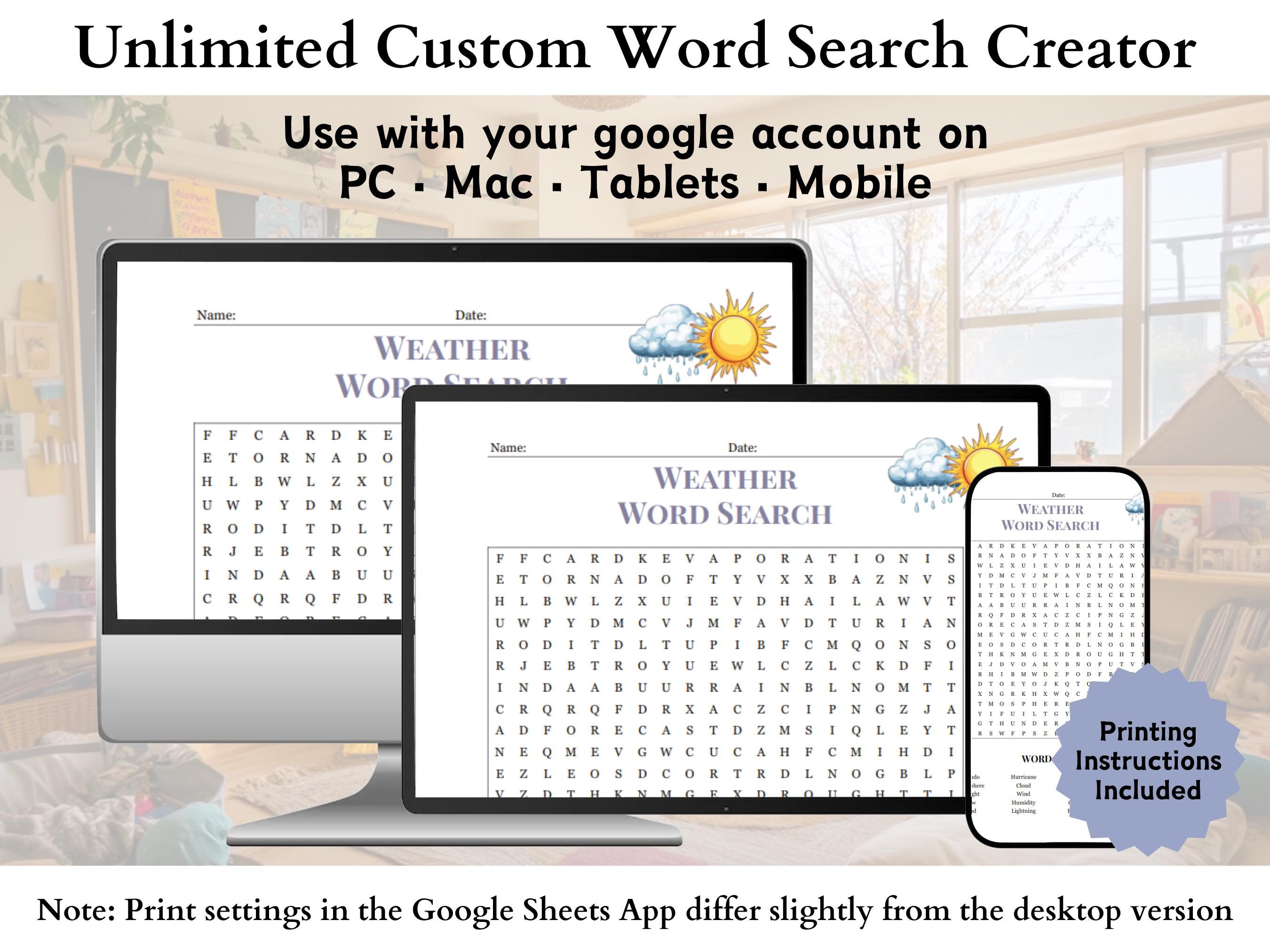 Unlimited Custom Word Search Creator | Fully Editable | Use With Google ...