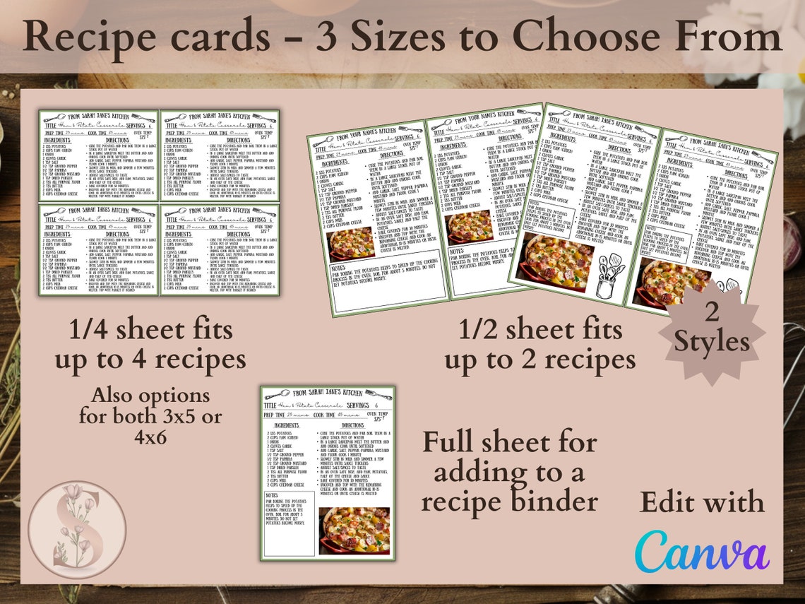 Editable Recipe Card Template Multiple Sizes Printable Recipe Template ...