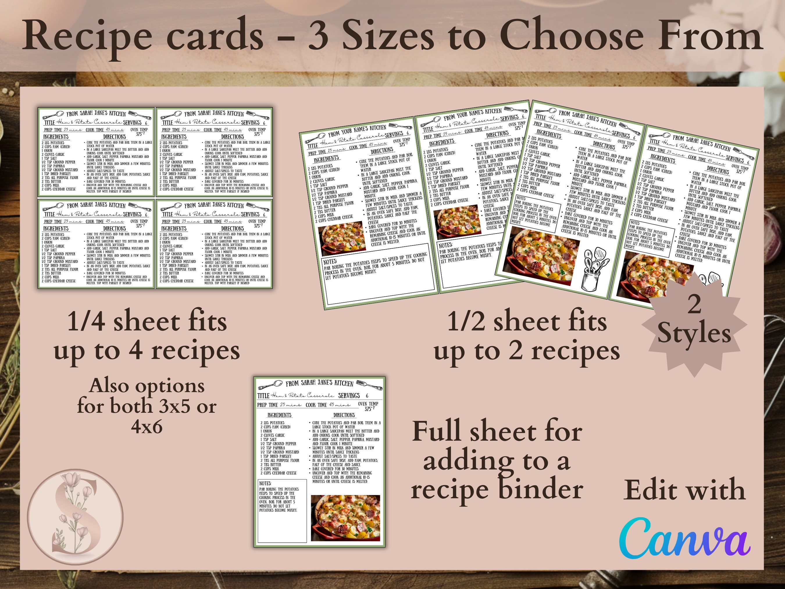 Editable Recipe Card Template | Multiple Sizes | Printable Recipe ...