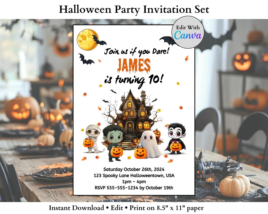 Editable Halloween Party Invitation Canva Template 5x7 Inch Printable ...