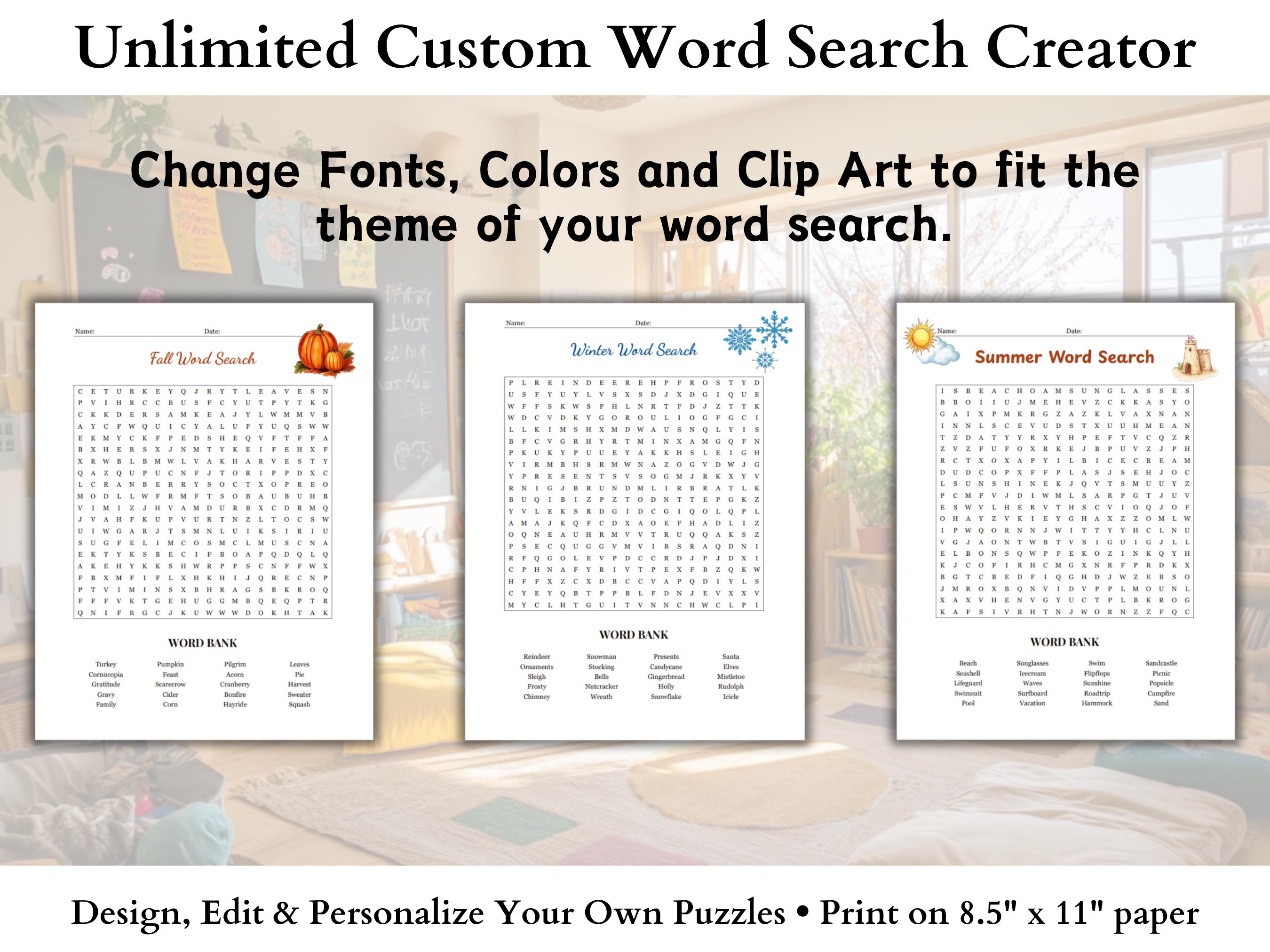 Unlimited Custom Word Search Creator | Fully Editable | Use With Google ...