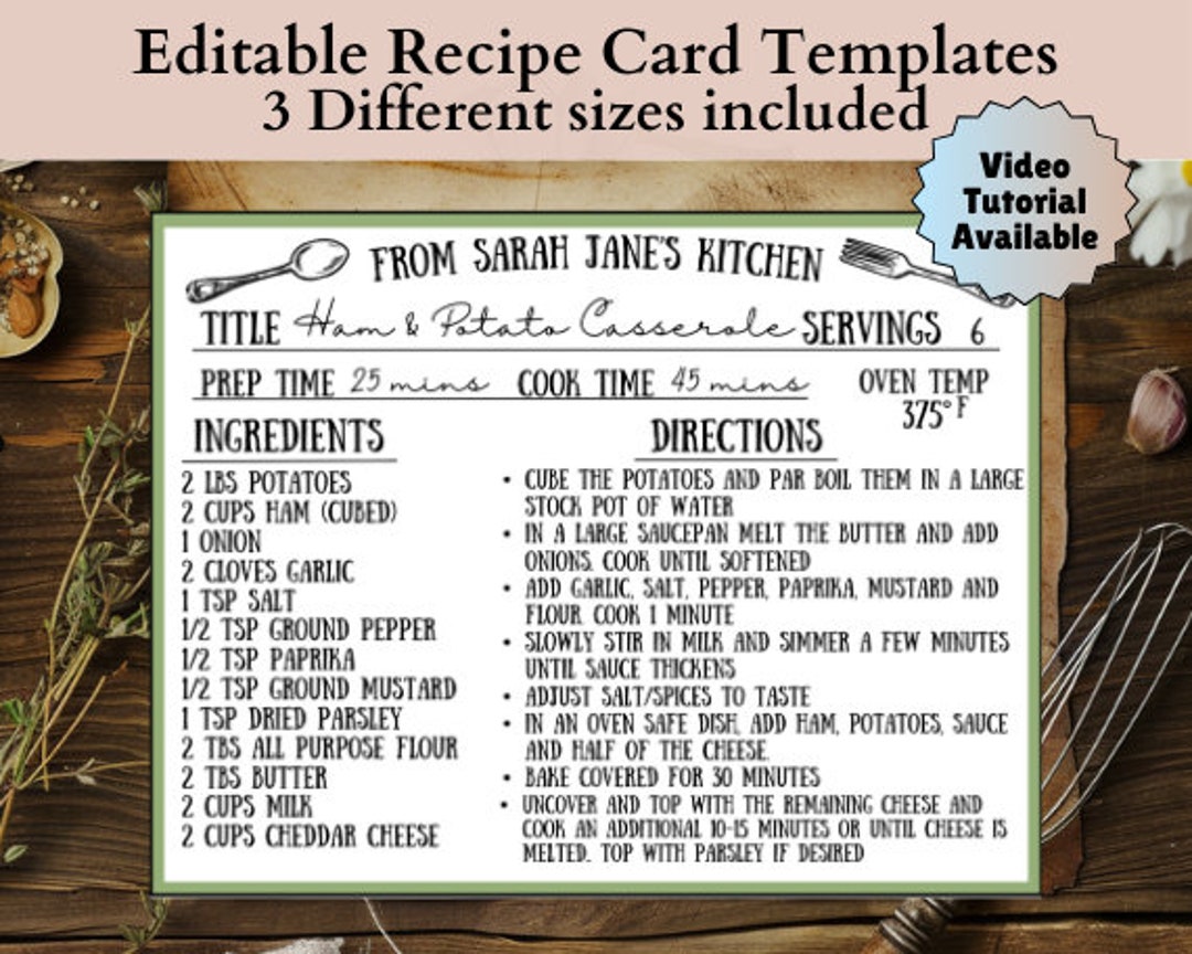 Editable Recipe Card Template | Multiple Sizes | Printable Recipe ...