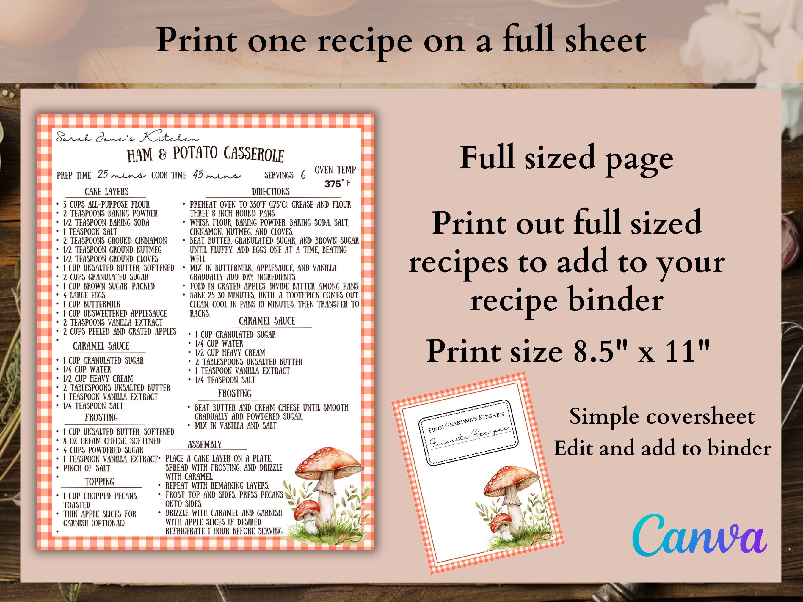 EDITABLE Recipe Cards Canva Templates in Multiple Sizes Half Page, Full ...
