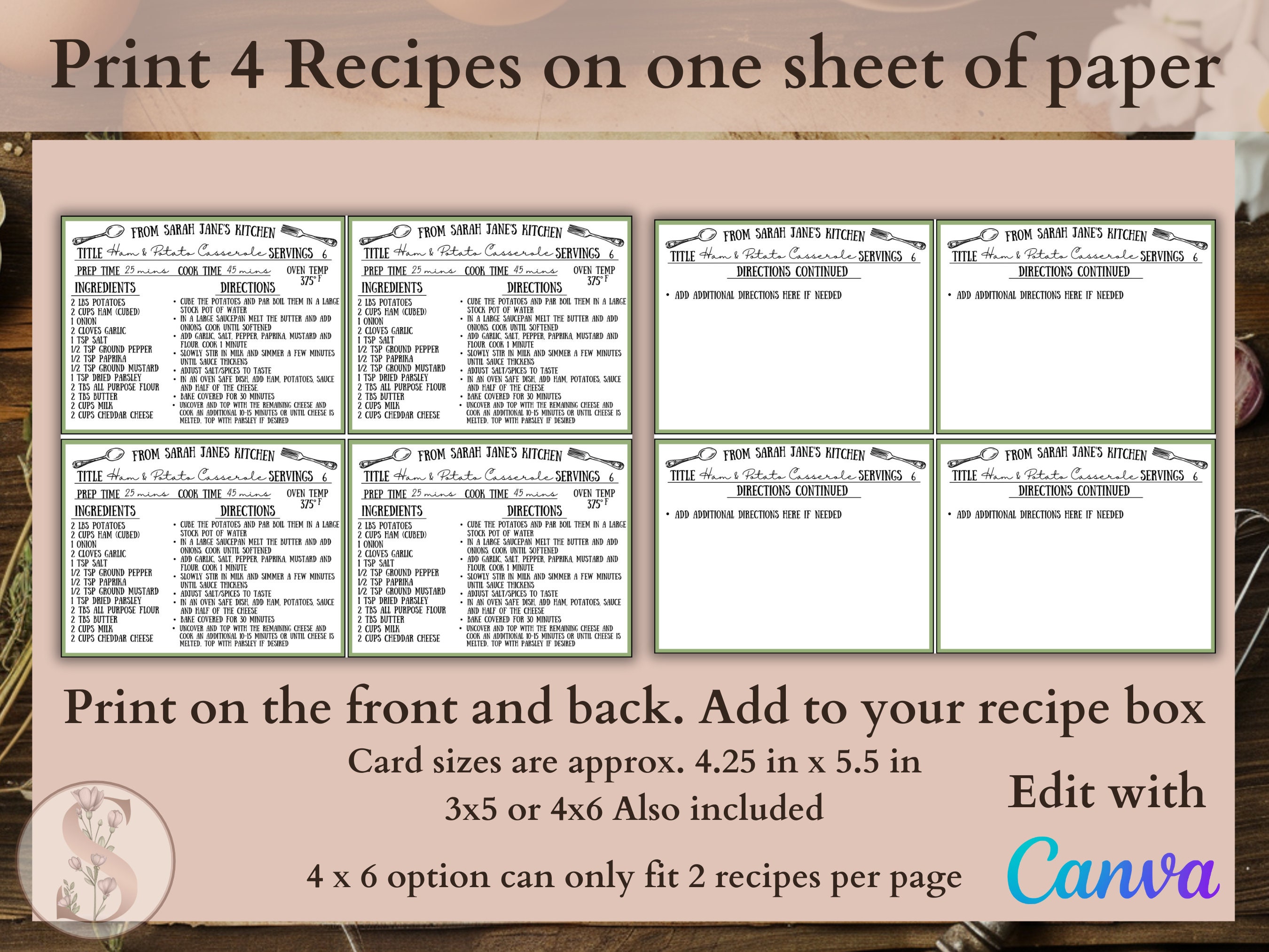 Editable Recipe Card Template | Multiple Sizes | Printable Recipe ...