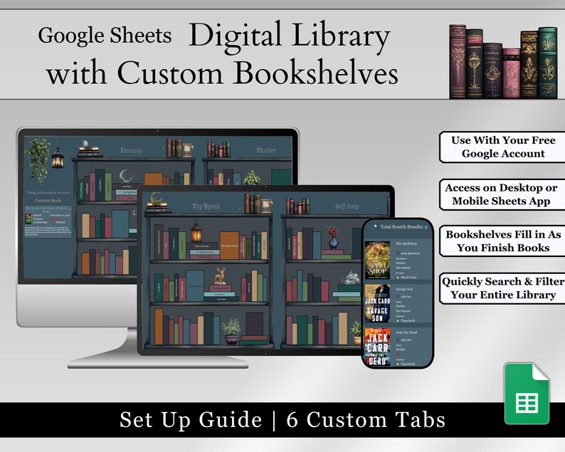 Digital Library Tracker Spreadsheet | Customizable Personal Bookshelf ...