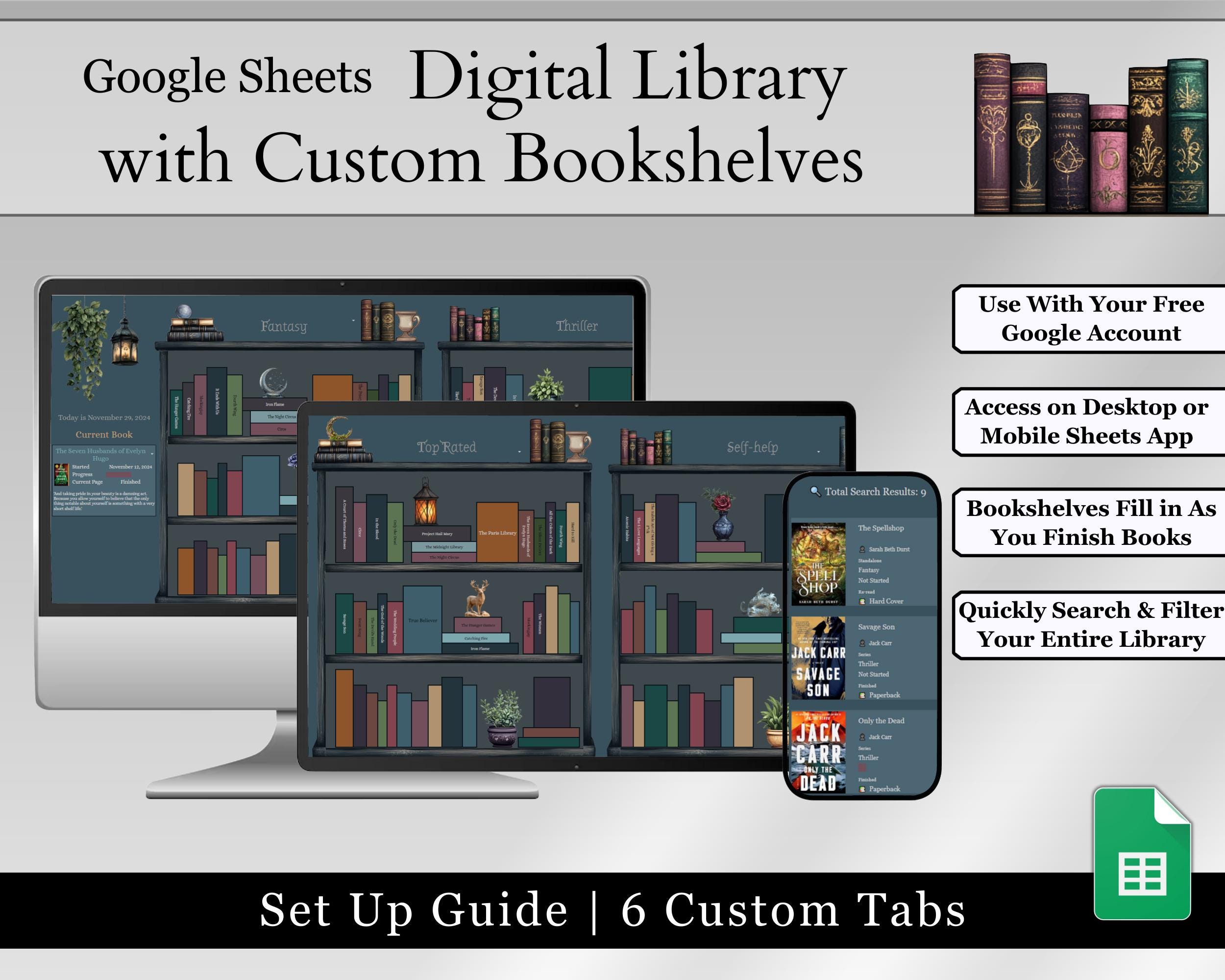 Digital Library Tracker Spreadsheet | Customizable Personal Bookshelf ...