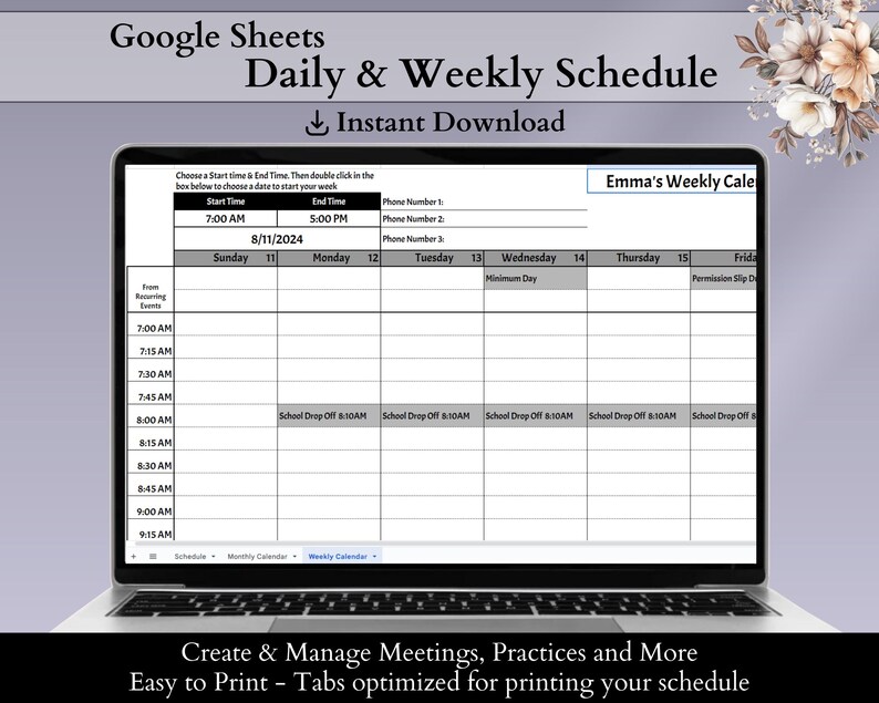 Daily Schedule Spreadsheet | Printable Family Routine Organizer, Child ...