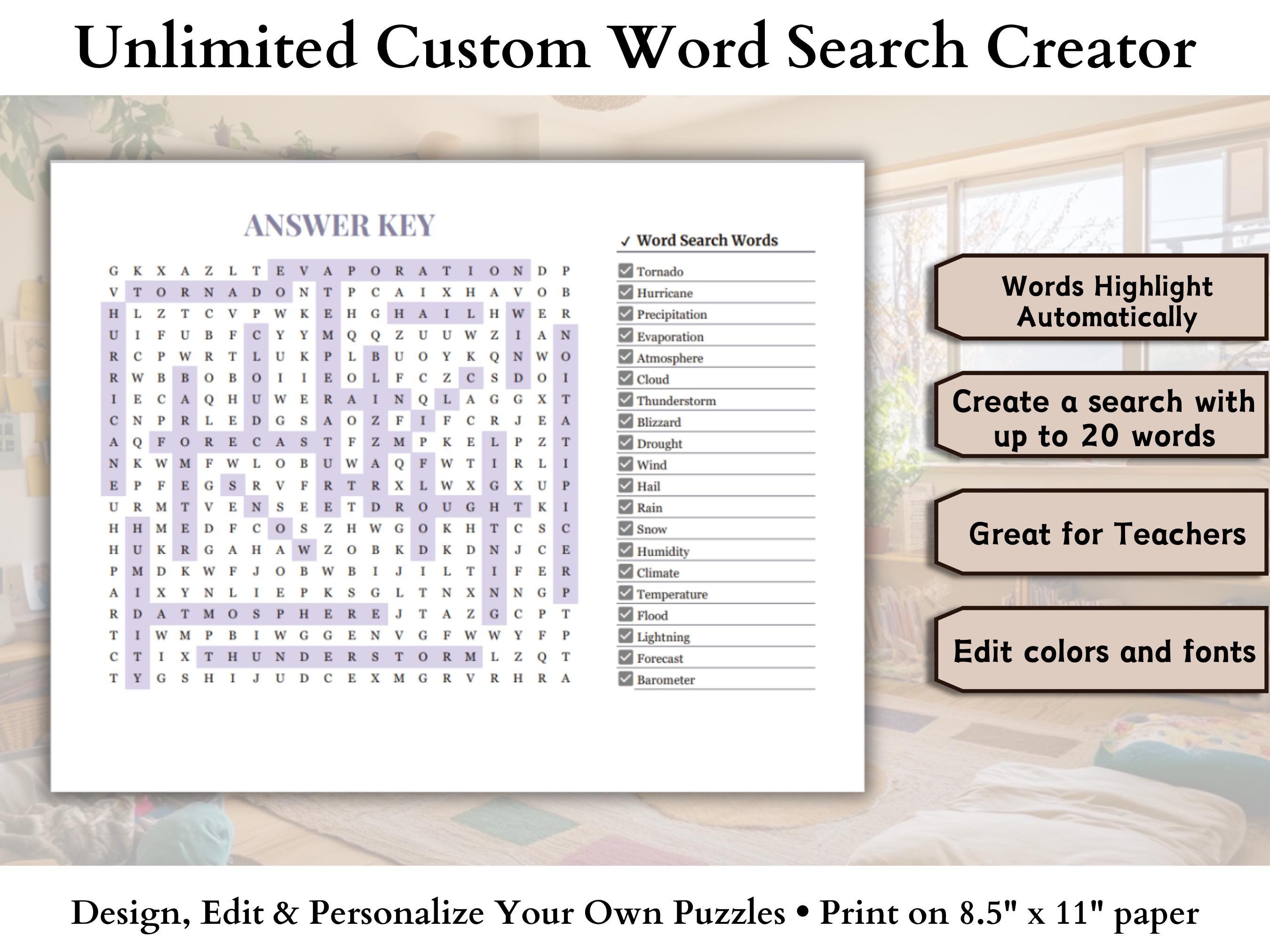 Unlimited Custom Word Search Creator | Fully Editable | Use With Google ...