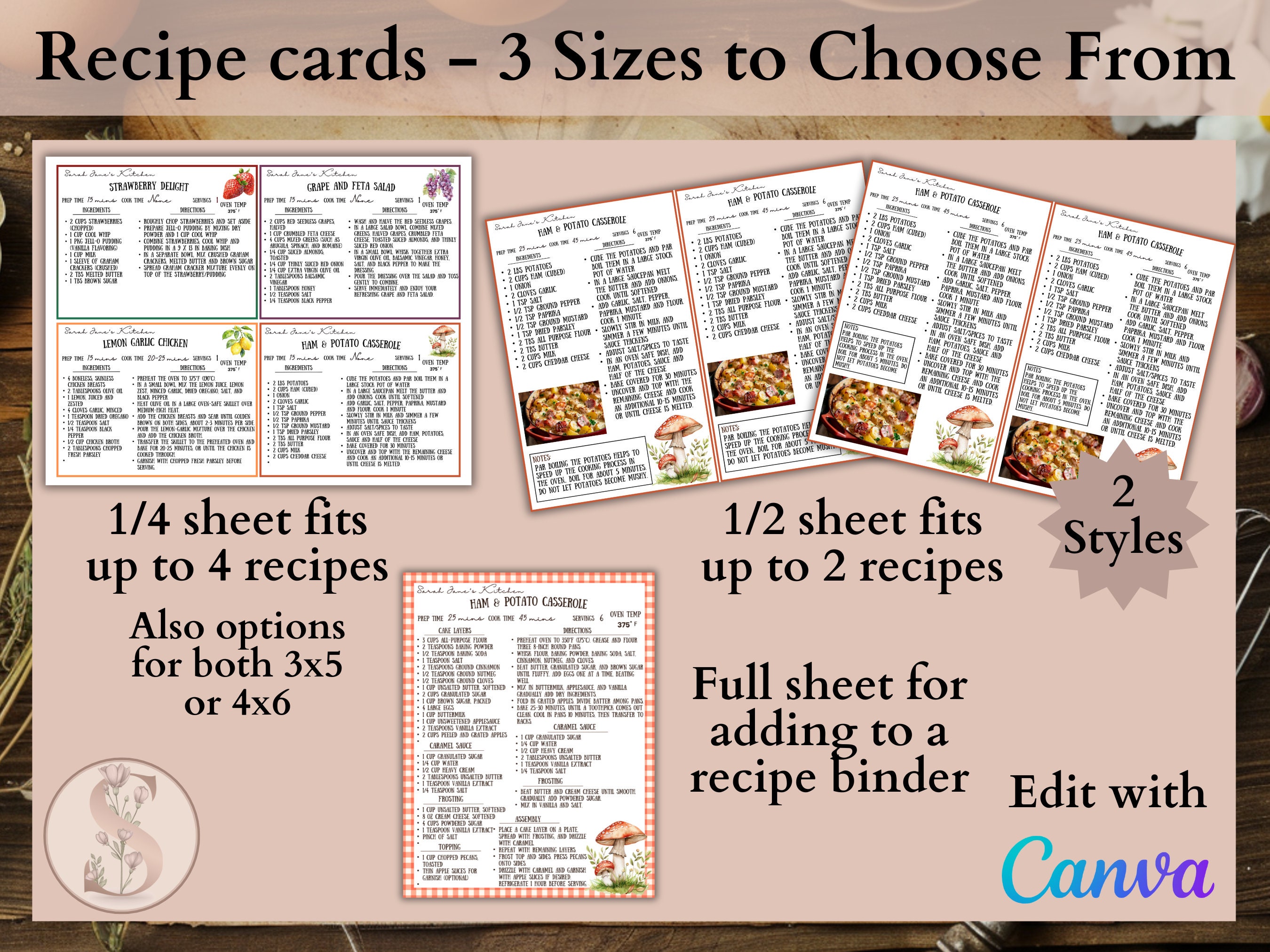 EDITABLE Recipe Cards Canva Templates in Multiple Sizes Half Page, Full ...