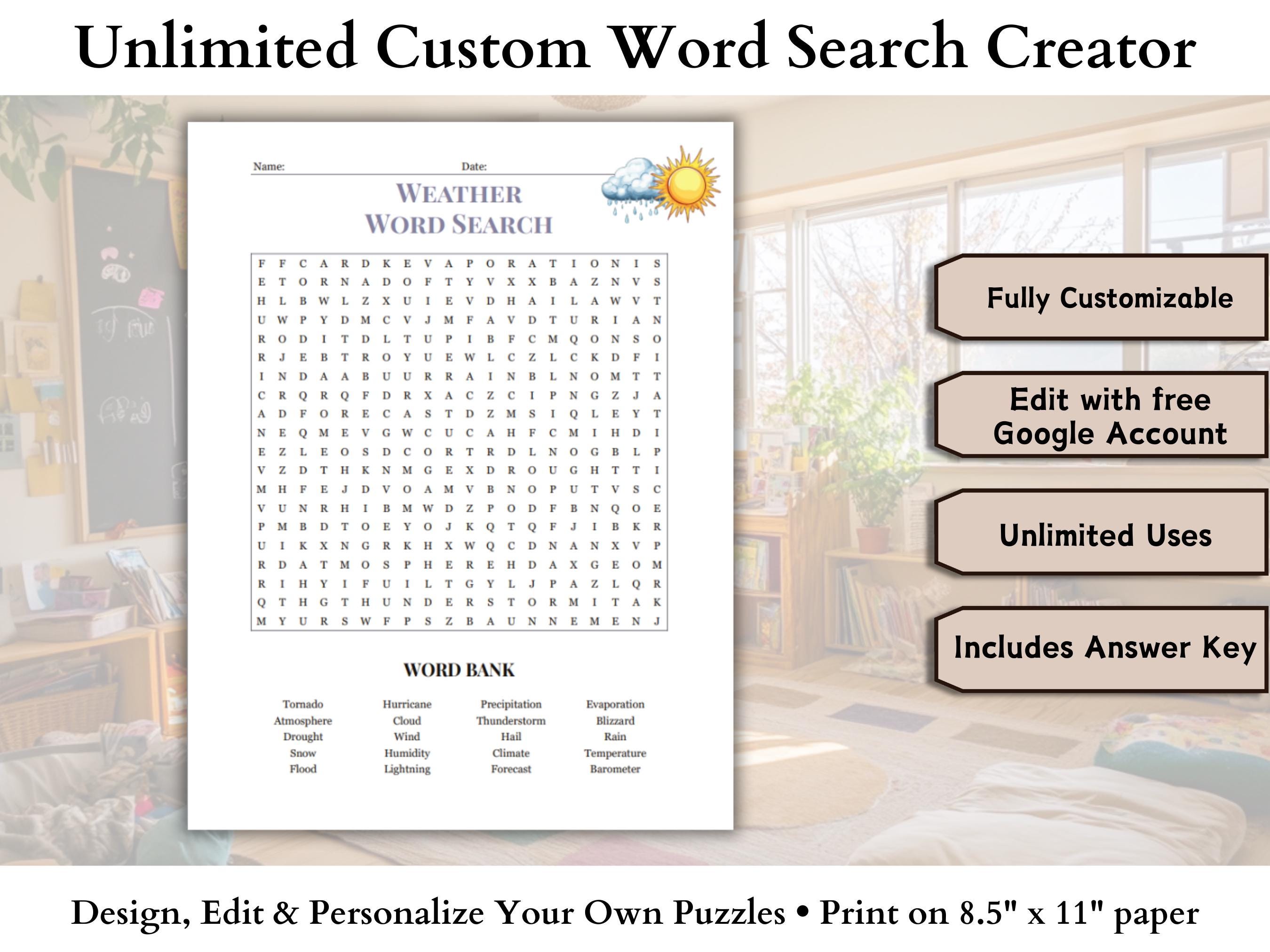 Unlimited Custom Word Search Creator | Fully Editable | Use With Google ...