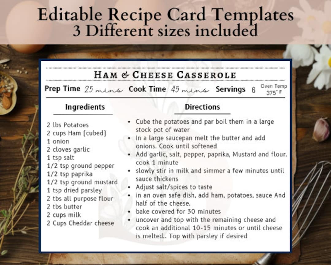 Editable Recipe Card Template | Multiple Sizes | Printable Recipe ...