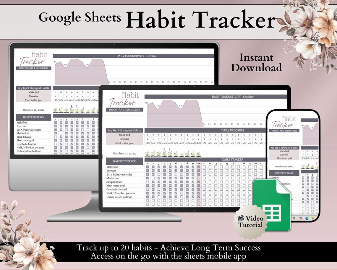 Habit Tracker Spreadsheet Google Sheets Track Daily, Weekly and Monthly ...