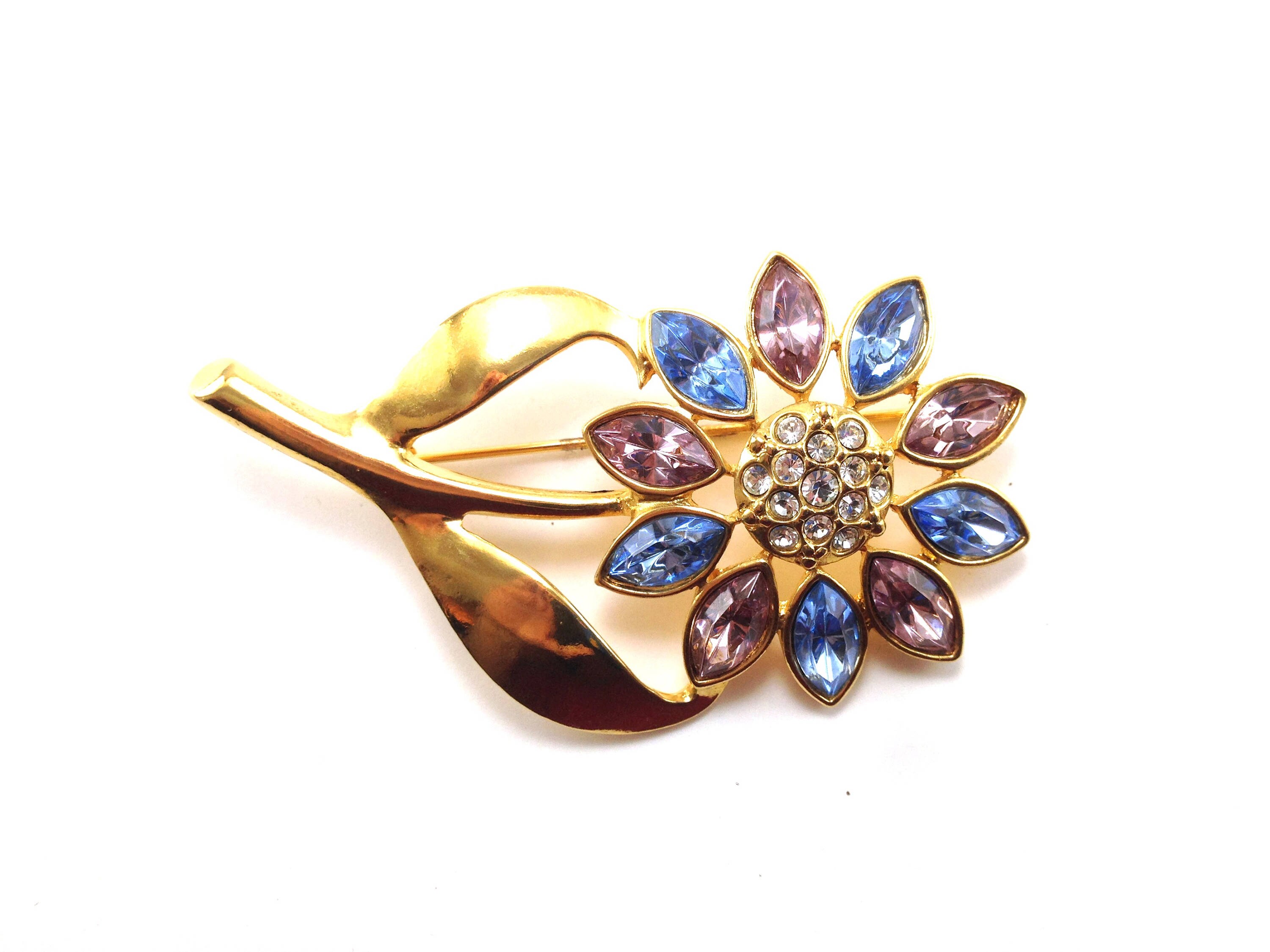 Rhinestone Flower Brooch Pastel Colors Pink Blue Gold Big - Etsy