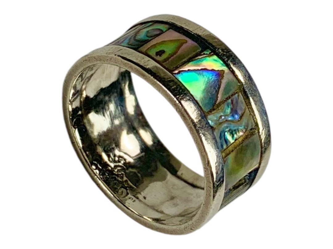 Sterling Taxco Mexico Ring Abalone Shell Inlay Cigar Band Style Signed ...