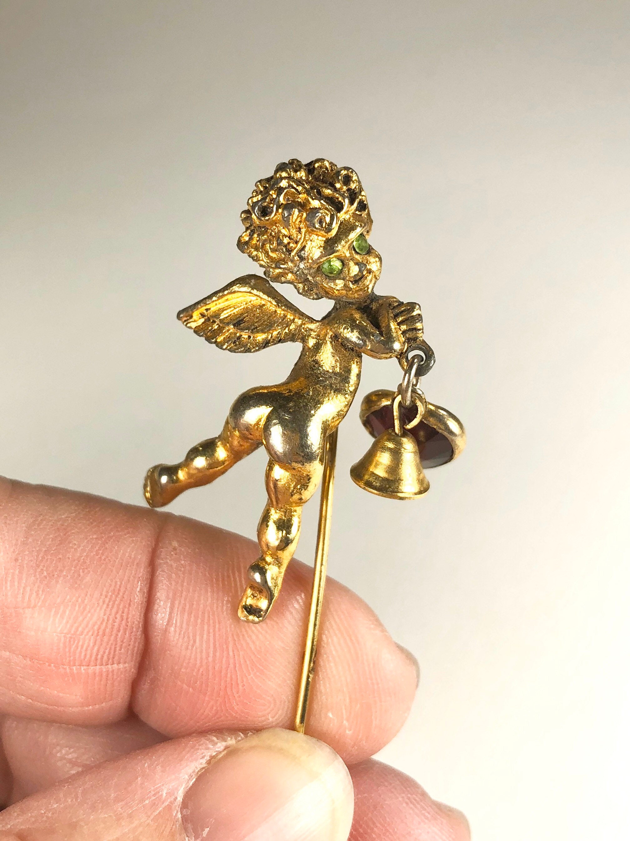 Angel Stick Pin Cherub Figural Bell and Red Crystal Heart | Etsy