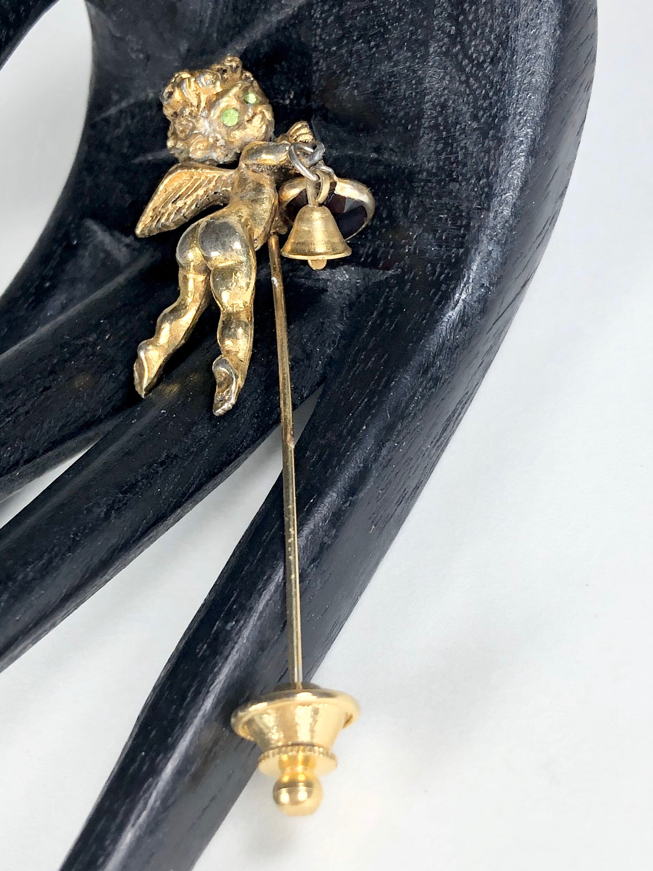 Angel Stick Pin Cherub Figural Bell and Red Crystal Heart | Etsy