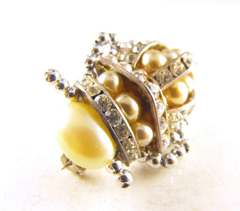 Rhinestone Bug Brooch Lustrous Glass Pearls Channel Set Clear - Etsy